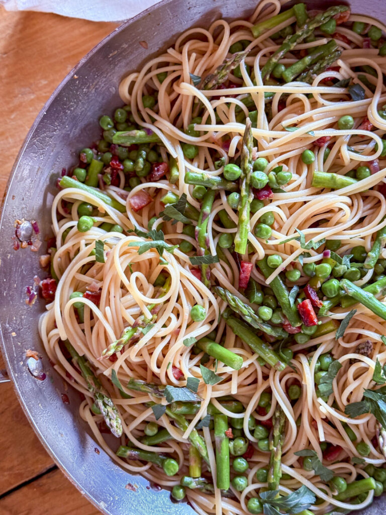Welcome Spring! Pasta with Asparagus, Peas and Pancetta - Our Italian Table
